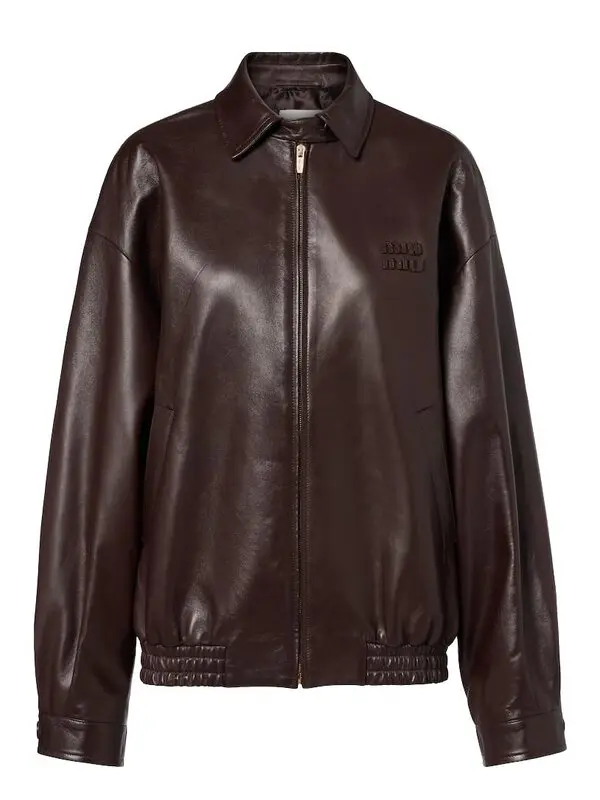 Miu Miu Logo Leather Jacket - Brown