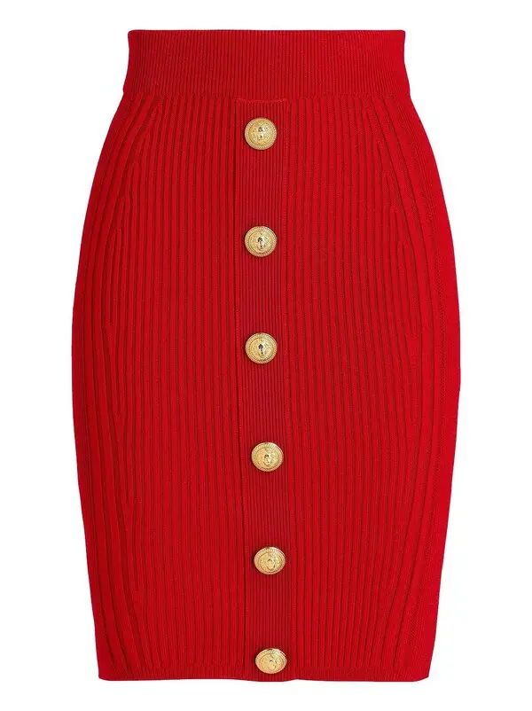 Balmain Embellished Ribbed-knit Pencil Skirt - Red