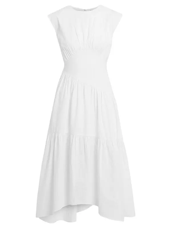 FRAME Gathered Cotton-seersucker Midi Dress - White
