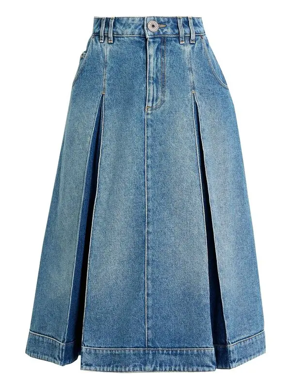 Balmain Pleated Denim Midi Skirt - Mid Denim