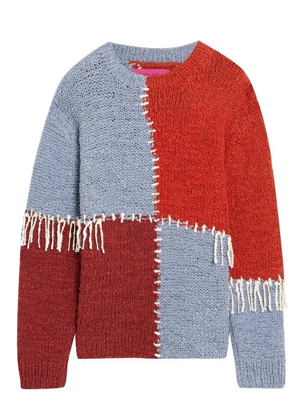 THE ELDER STATESMAN Fringed Patchwork Bouclé-knit Cotton Sweater - Light Blue