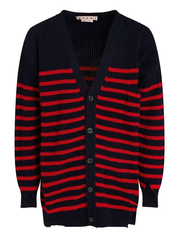 Marni Distressed Striped Ribbed Wool Cardigan - Midnight Blue