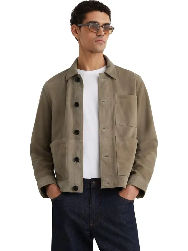 REISS Danny Suede Worker Jacket - Soft Sage Green