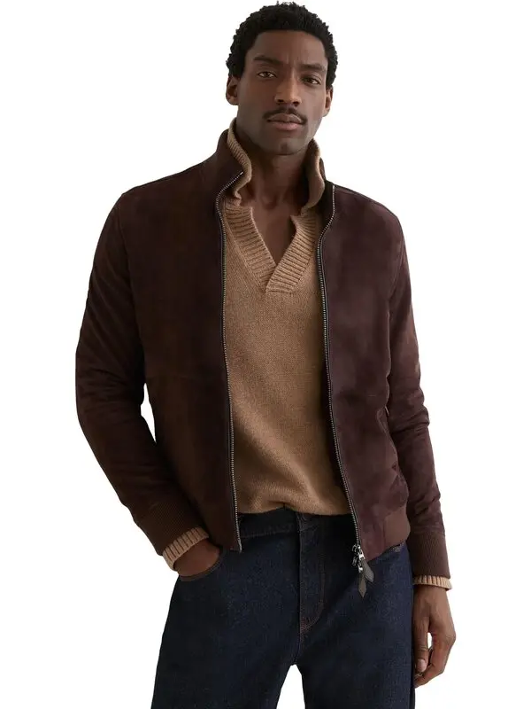 REISS Zip-through Funnel-neck Jacket - Chocolate Brown
