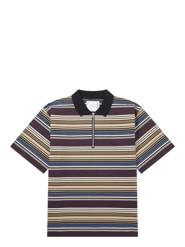 Sacai Striped Cotton-jersey Half-zip Polo Shirt - Brown