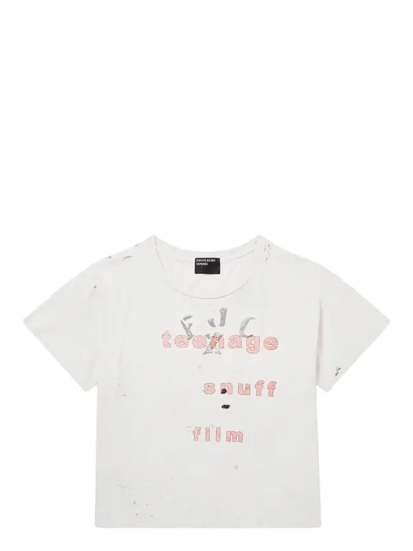 Enfants Riches Déprimés Cropped Printed Distressed Cotton-jersey T-shirt - White