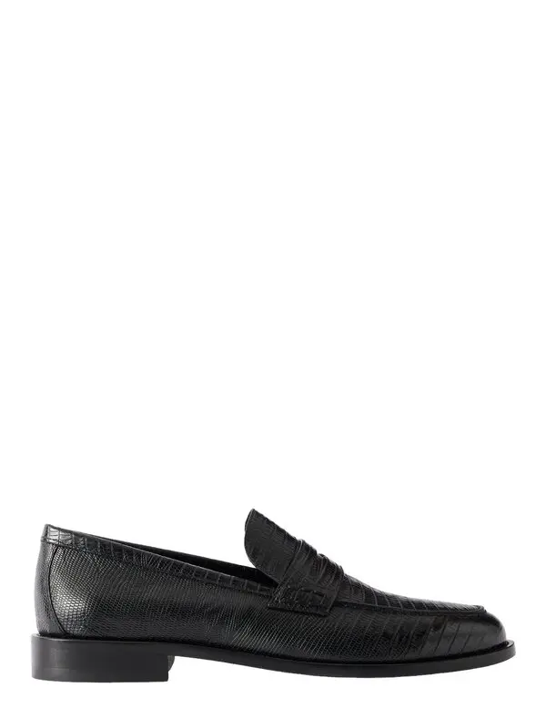 Manolo Blahnik Perry Lizard-effect Leather Penny Loafers - Black
