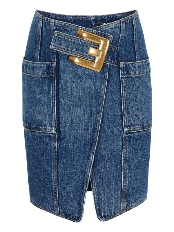 Balmain Denim Midi Skirt With Belt - Blue