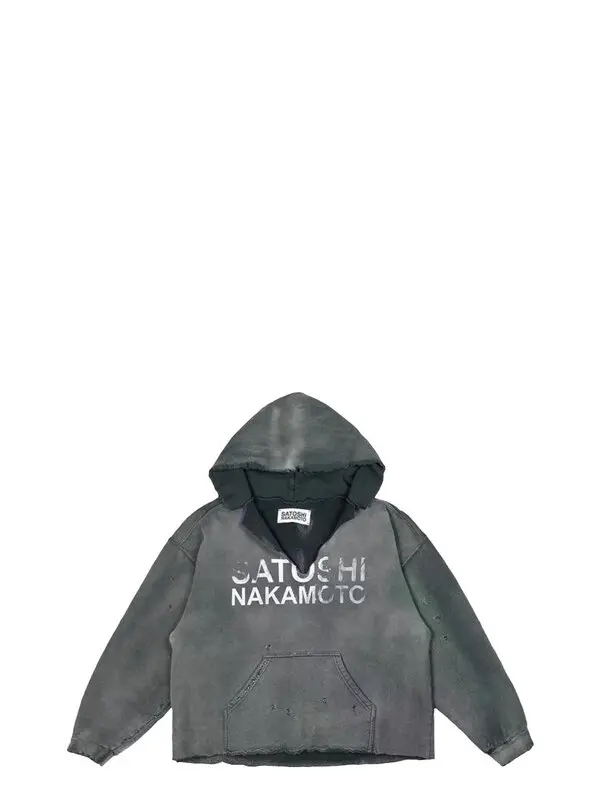 SATOSHI NAKAMOTO Distressed V-cut Hoodie - Grey