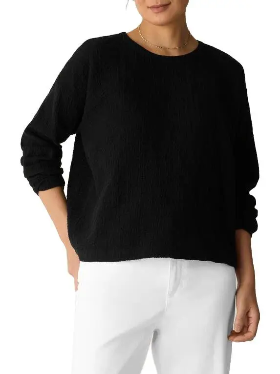 Eileen Fisher Crinkled Boxy Long Sleeve Top - Black