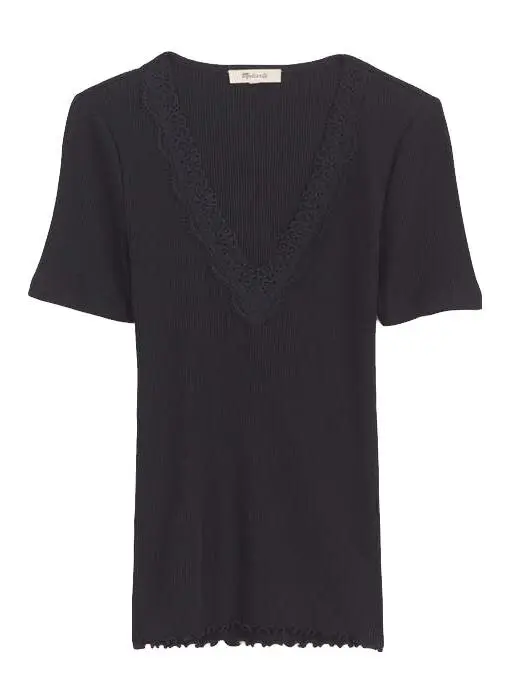 Madewell Lace Trim V-neck Rib Top - Jet Black