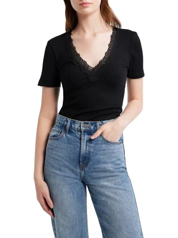 Madewell Lace Trim V-neck Rib Top - Jet Black