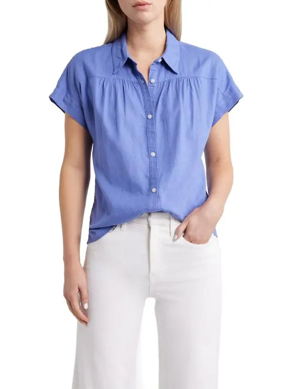 Caslon Short Sleeve Linen Blend Button-up Shirt - Blue Denim