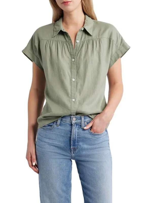 Caslon Short Sleeve Linen Blend Button-up Shirt - Green Hedge