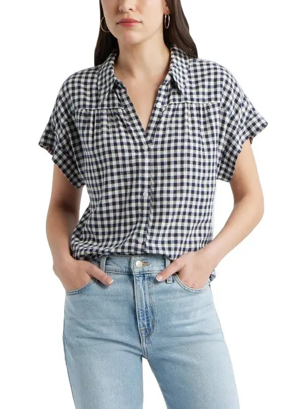 Caslon Short Sleeve Linen Blend Button-up Shirt - Navy Still- Ivory Bea Gingham