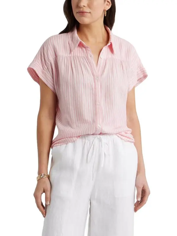 Caslon Short Sleeve Linen Blend Button-up Shirt - Pink- Ivory Penny Stripe