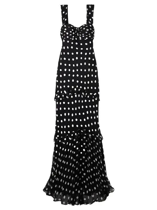 Saloni Selma Ruched Ruffled Polka-dot Maxi Dress - Black