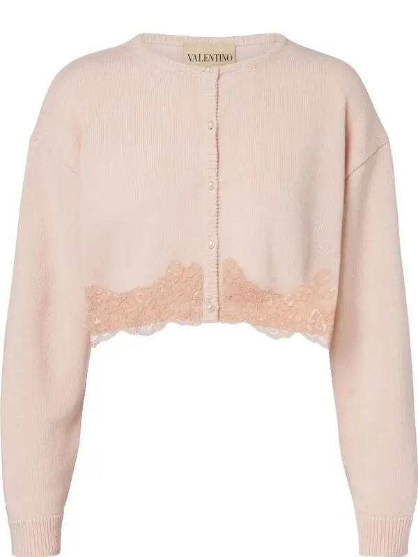 Valentino Garavani Lace-trimmed Cropped Virgin Wool Cardigan - Pink