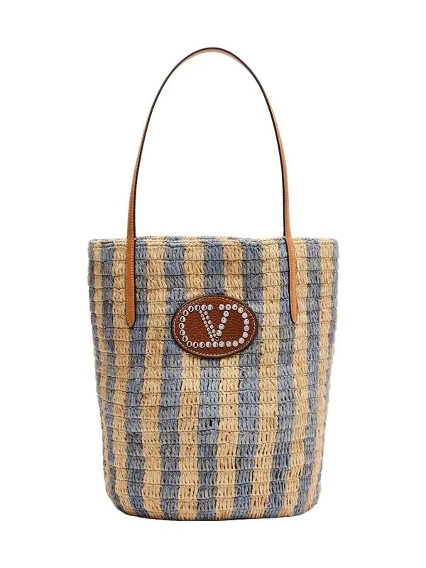 Valentino Garavani Vlogo Striped Raffia Tote Bag - Beige