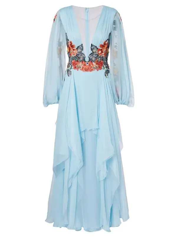 Costarellos Floral Silk Gown - Blue