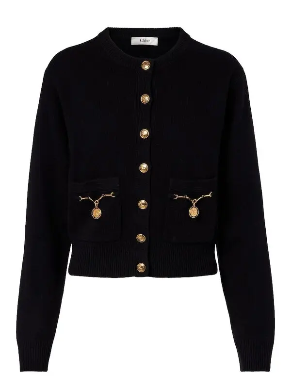 Chloé Wool And Cashmere Cardigan With Gold Hardware - Black
