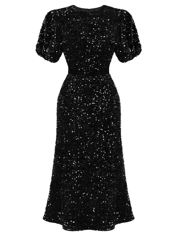 POST MERIDIEM Sequin-embellished Midi Dress With Puff Sleeves - Black