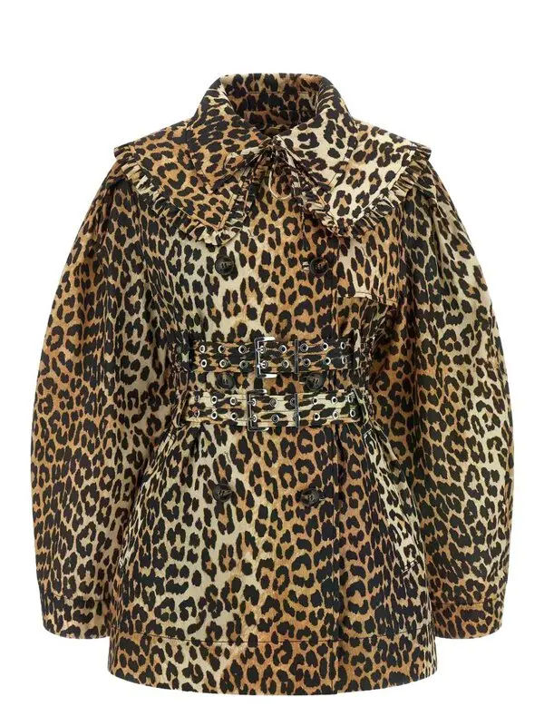 GANNI Leopard Print Ruffle Trench Coat - Brown