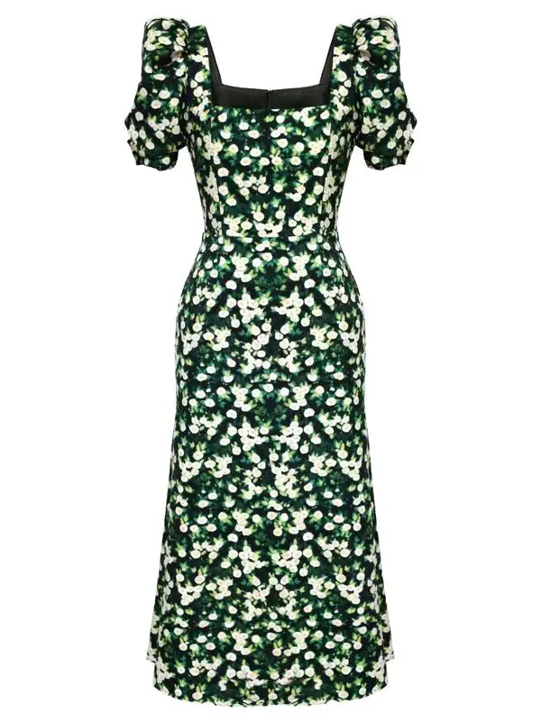 POST MERIDIEM Square-neck Floral-print Midi Dress - Green