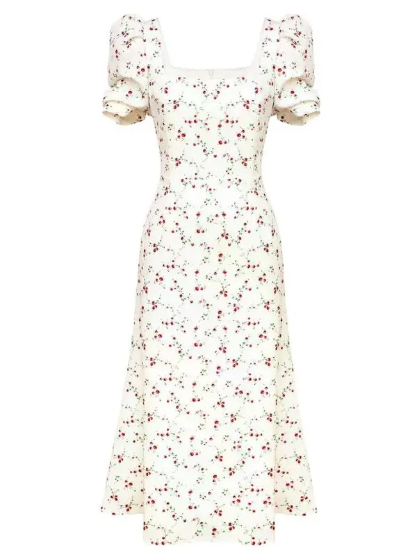 POST MERIDIEM Square-neck Floral Print Midi Dress - Neutrals