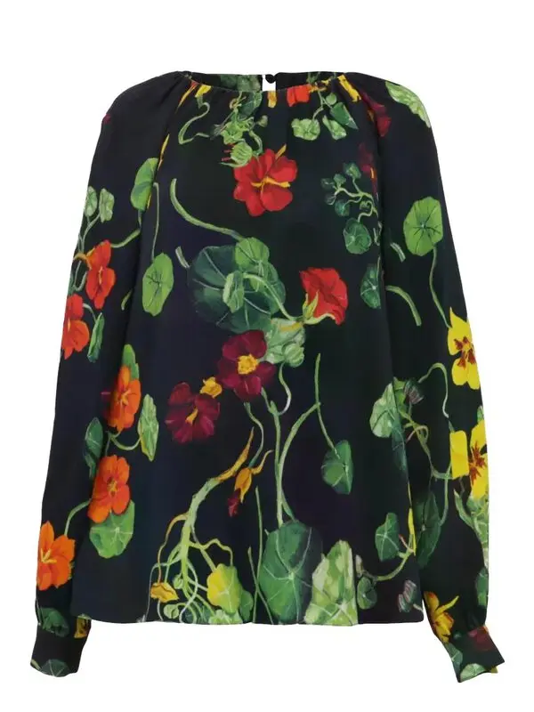 Oscar De La Renta Nasturtium-print Long-sleeve Blouse - Black