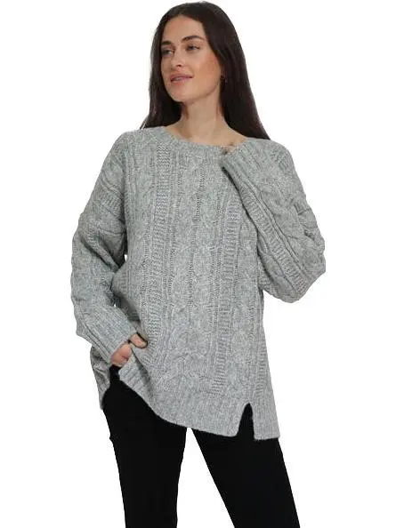 BELLE & BLOOM Oversized Cable Knit Crewneck Sweater - Grey