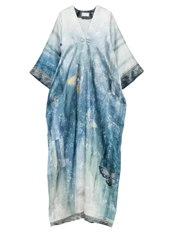 PIERRE-LOUIS MASCIA Butterfly-print V-neck Dress - Blue