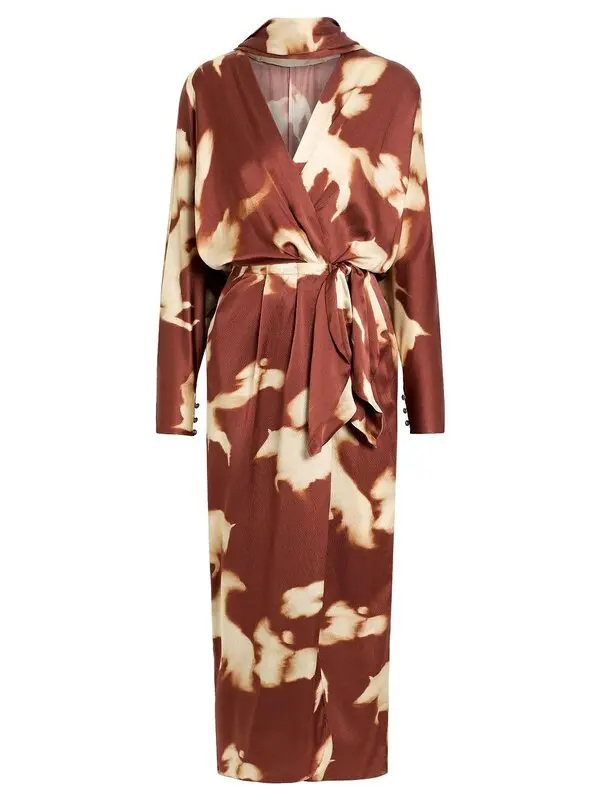Johanna Ortiz Mojabe Trail Printed Hammered-silk Midi Wrap Dress - Brown