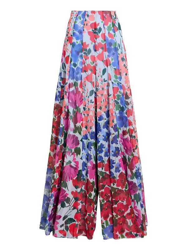 Carolina Herrera Floral-print Crepe De Chine Wide-leg Pants - Light Blue
