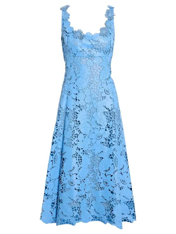 Oscar De La Renta Floral-appliquéd Lasercut Leather Midi Dress - Azure