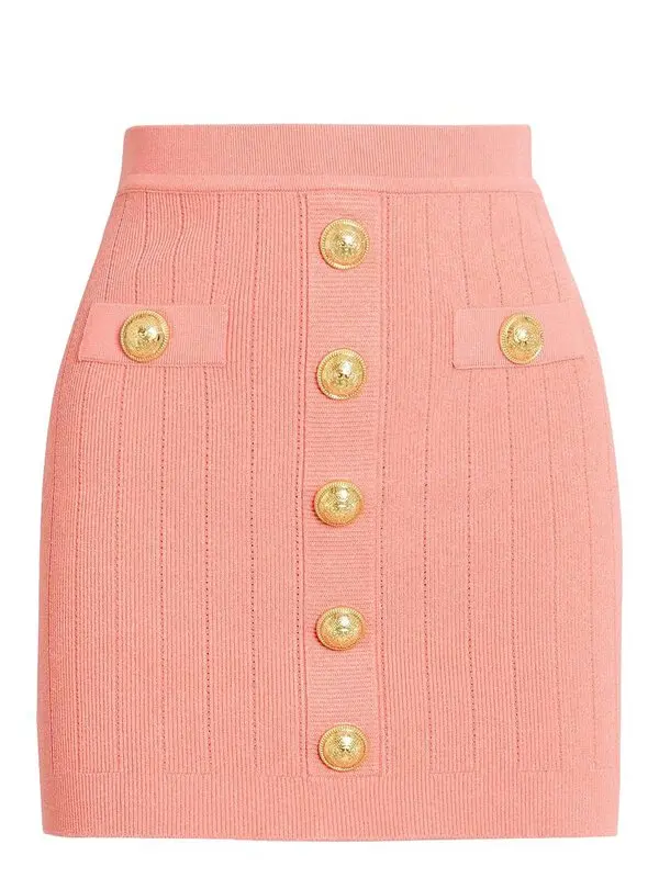 Balmain Embellished Pointelle And Ribbed-knit Mini Skirt - Coral