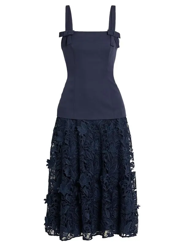 Badgley Mischka Crepe And Guipure Lace Midi Dress - Navy