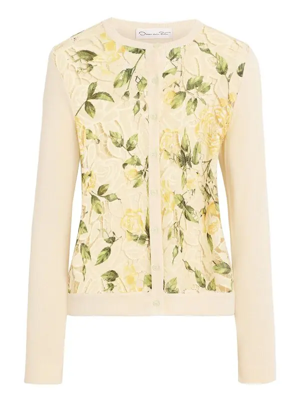 Oscar De La Renta Floral-print Guipure Lace Silk-blend Cardigan - Pastel Yellow