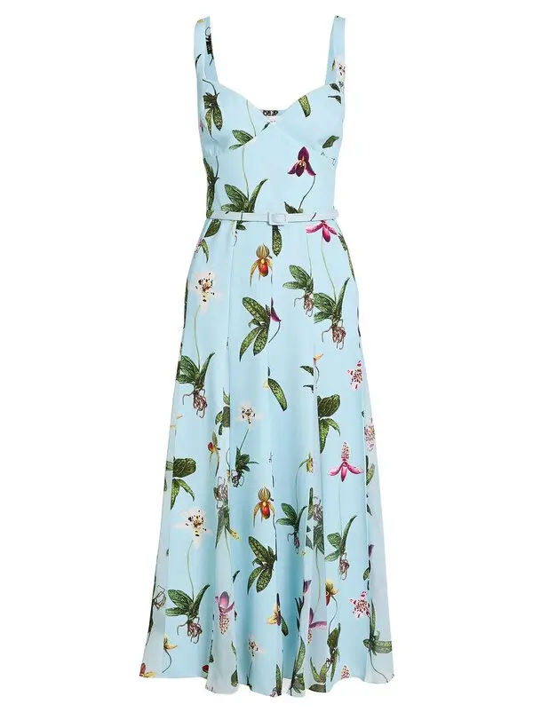 Oscar De La Renta Pleated Floral-print Crepe And Chiffon Midi Dress - Light Blue