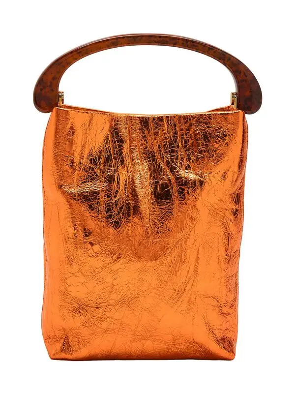 Dries Van Noten Crinkled Metallic Leather Top Handle Bag - Copper