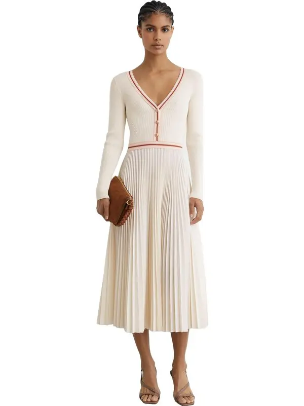 REISS Gaia Rib-knit Pleated Midi Dress With Stripe-trim - Pale Yellow