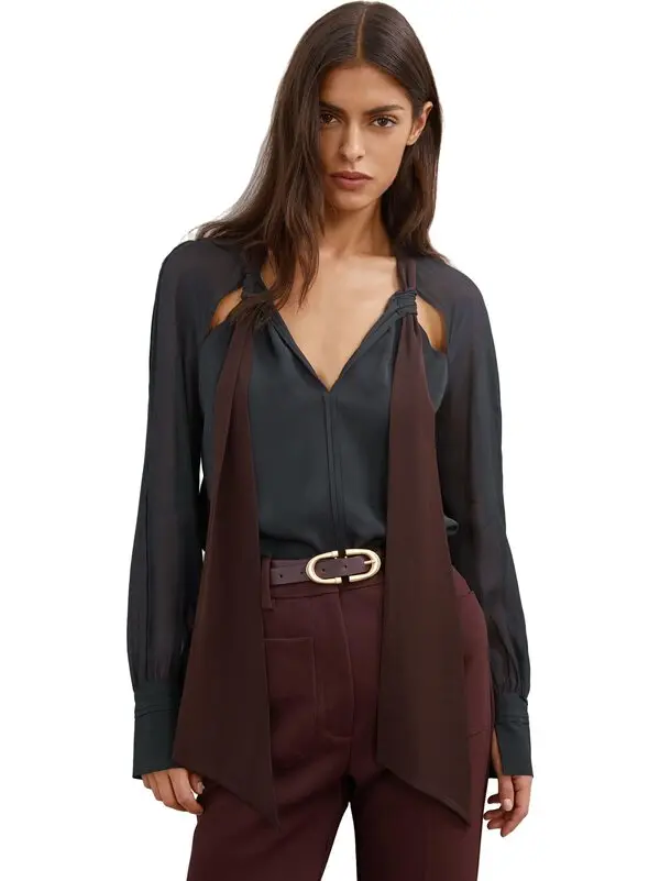 REISS Jasmine Tie-neck Cut-out Blouse - Navy/burgundy
