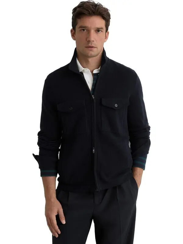 REISS Wool Knitted Zip-through Overshirt - Navy