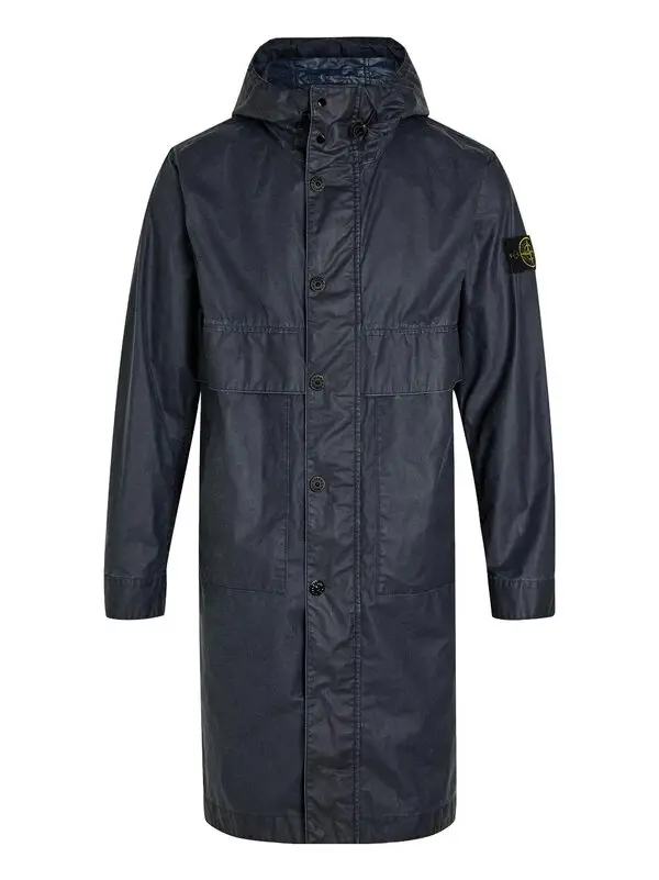 Stone Island Long Logo Waxed Cotton Canvas Coat - Navy