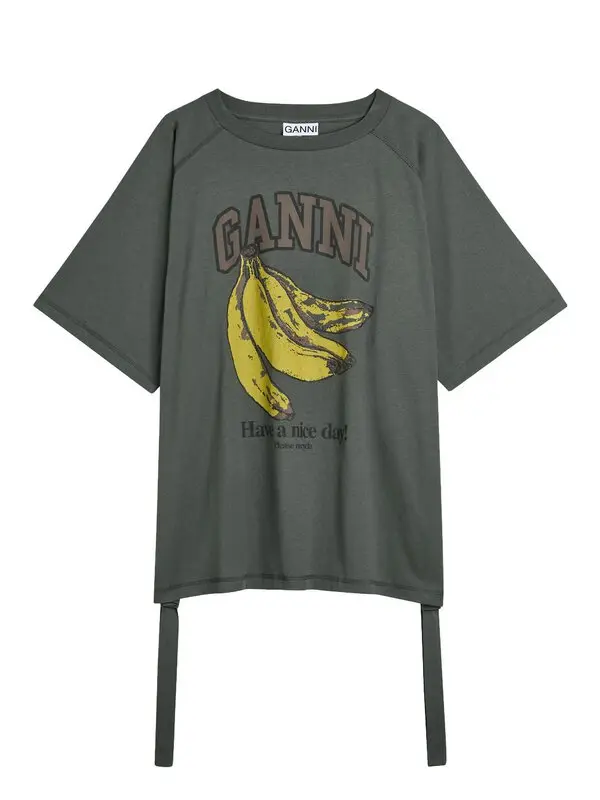GANNI Printed Cotton Drawstring T-shirt - Grey