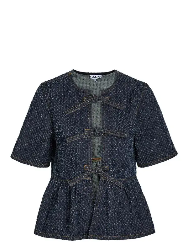 GANNI Tweed-effect Peplum Blouse - Denim