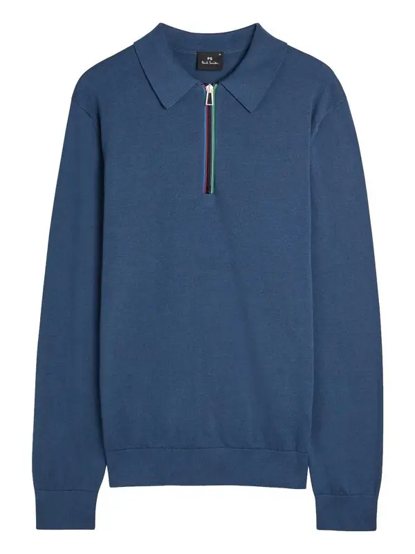 Paul Smith Stripe-trimmed Fine-knit Polo Jumper - Blue