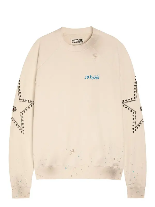 SATOSHI NAKAMOTO Star Studded Distressed Cotton Sweatshirt - White