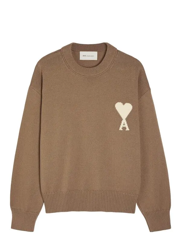 Ami Logo-intarsia Wool And Cotton-blend Jumper - Beige