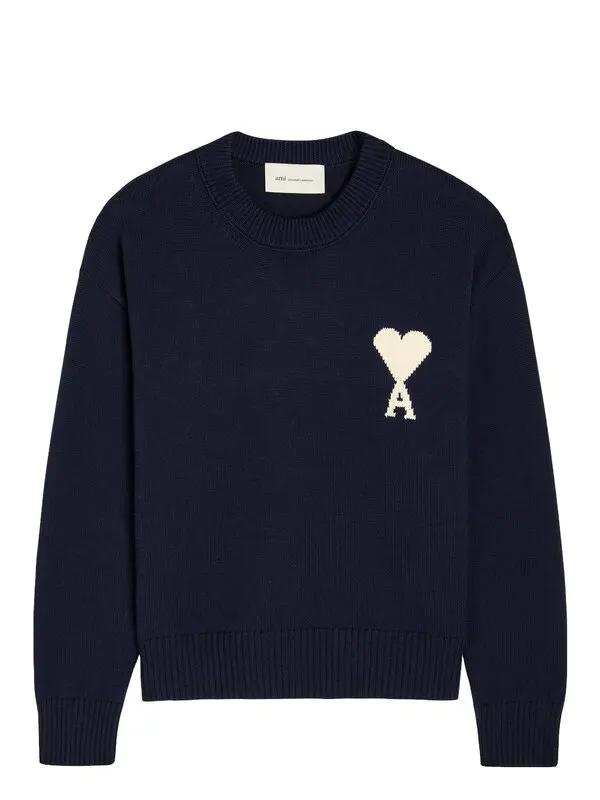 Ami Logo-intarsia Wool And Cotton-blend Jumper - Navy